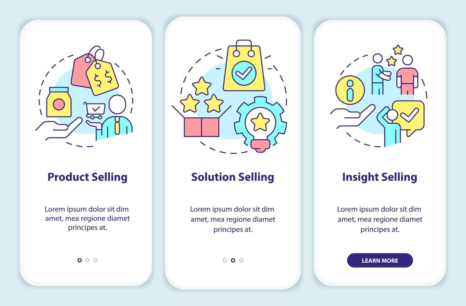 Selling Techniques Onboarding Mobile App Screen Sales Methods Walkthrough 3 Steps Editable