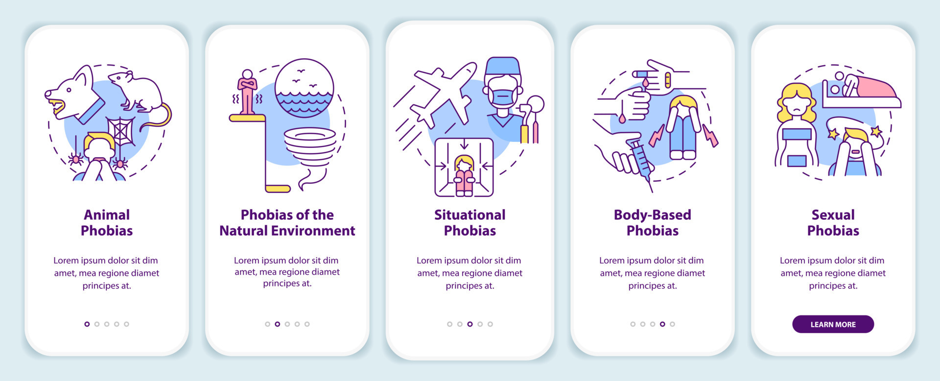 Specific Phobias Onboarding Mobile App Screen Anxiety Disorder Walkthrough 5 Steps Graphic