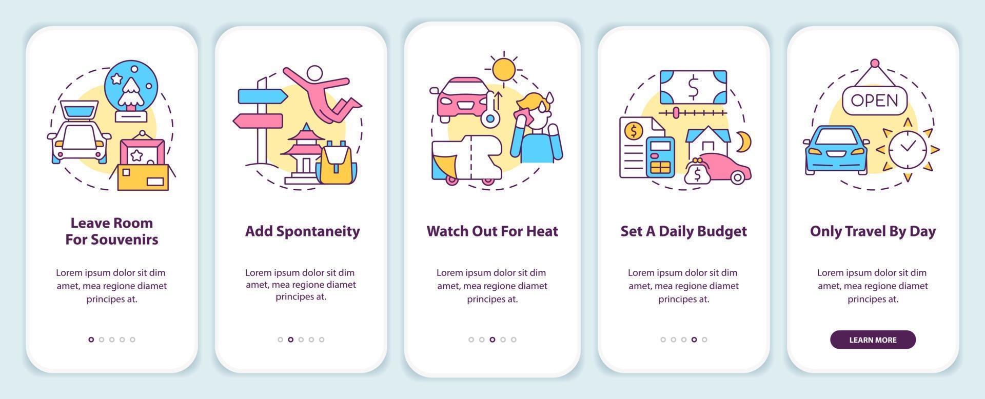 Road Trip Advices Onboarding Mobile App Screen Car Travel Walkthrough 5 Steps Editable Graphic