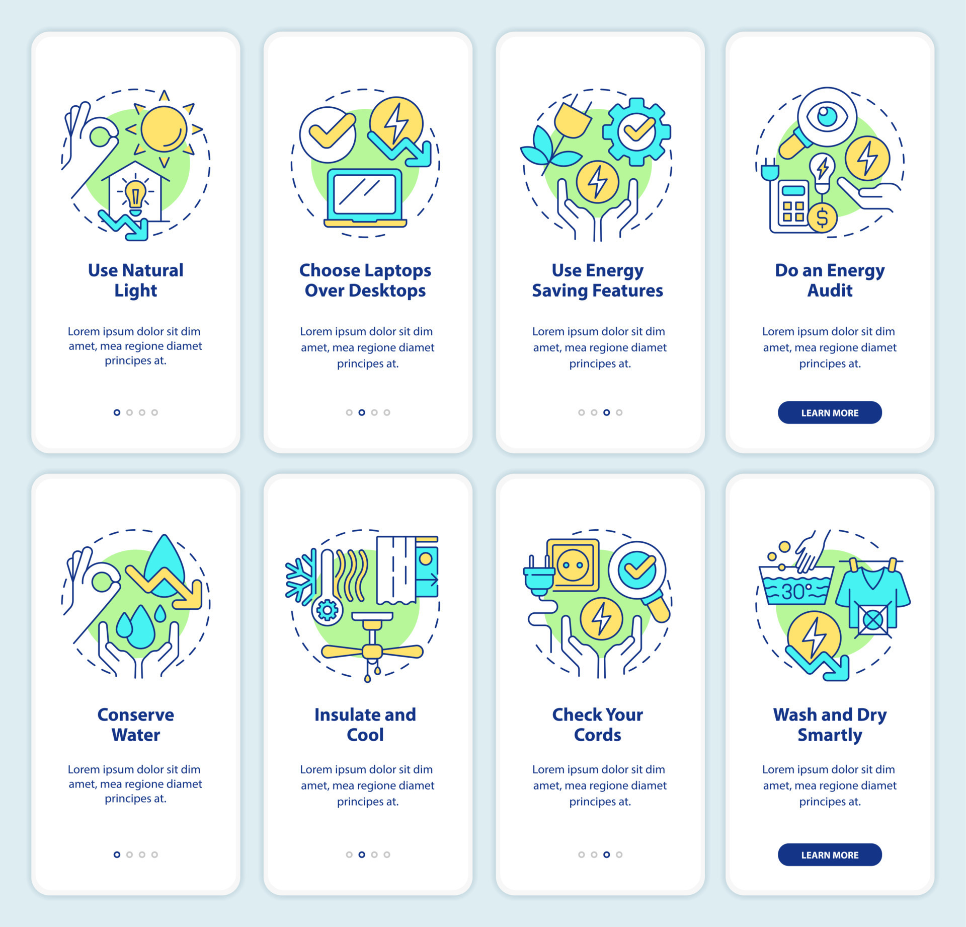 Energy Efficiency Onboarding Mobile App Screen Set Home Office Tips Walkthrough 4 Steps