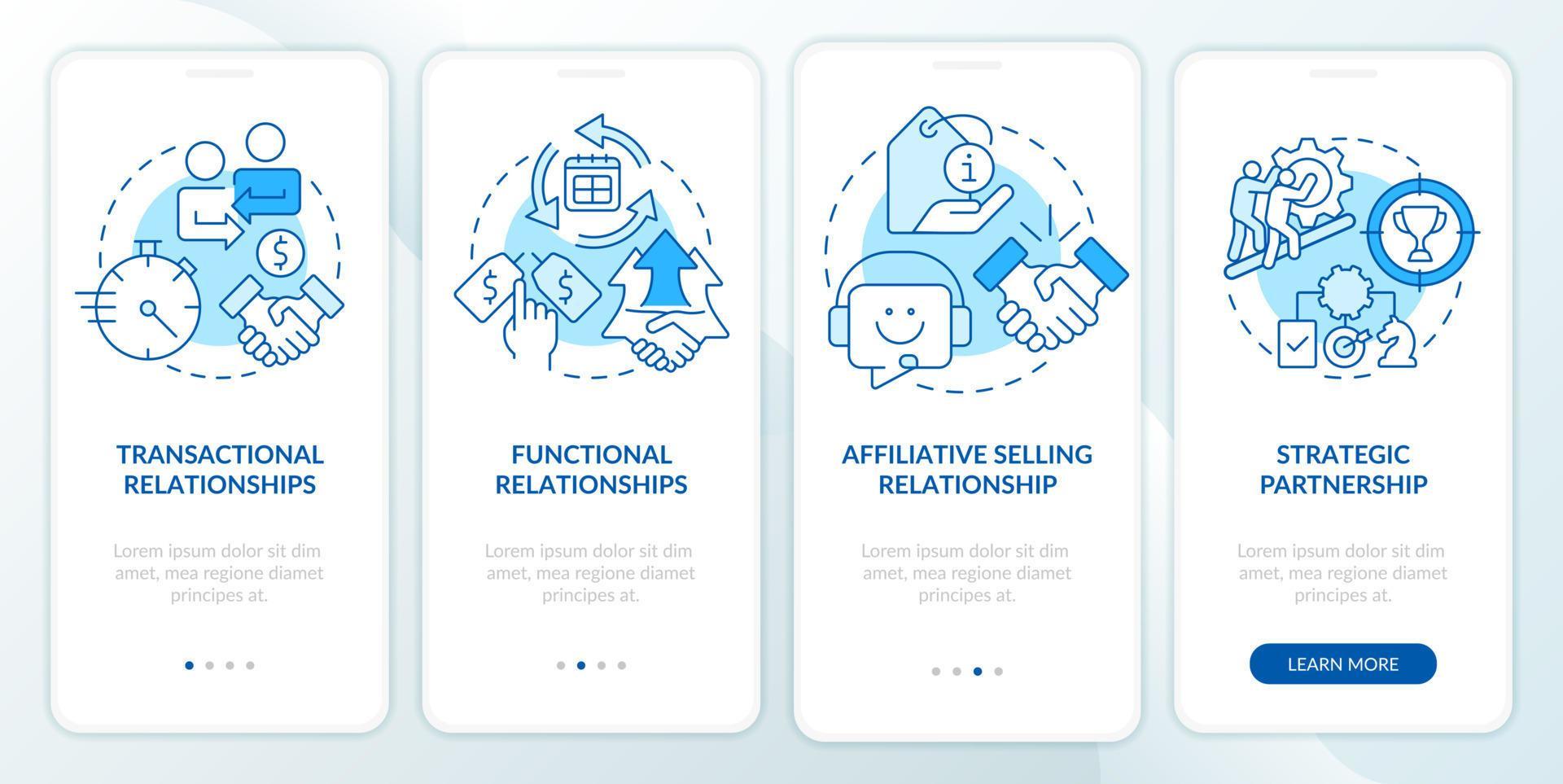 Types Of Sales Relationships Blue Onboarding Mobile App Screen Trade Walkthrough 4 Steps