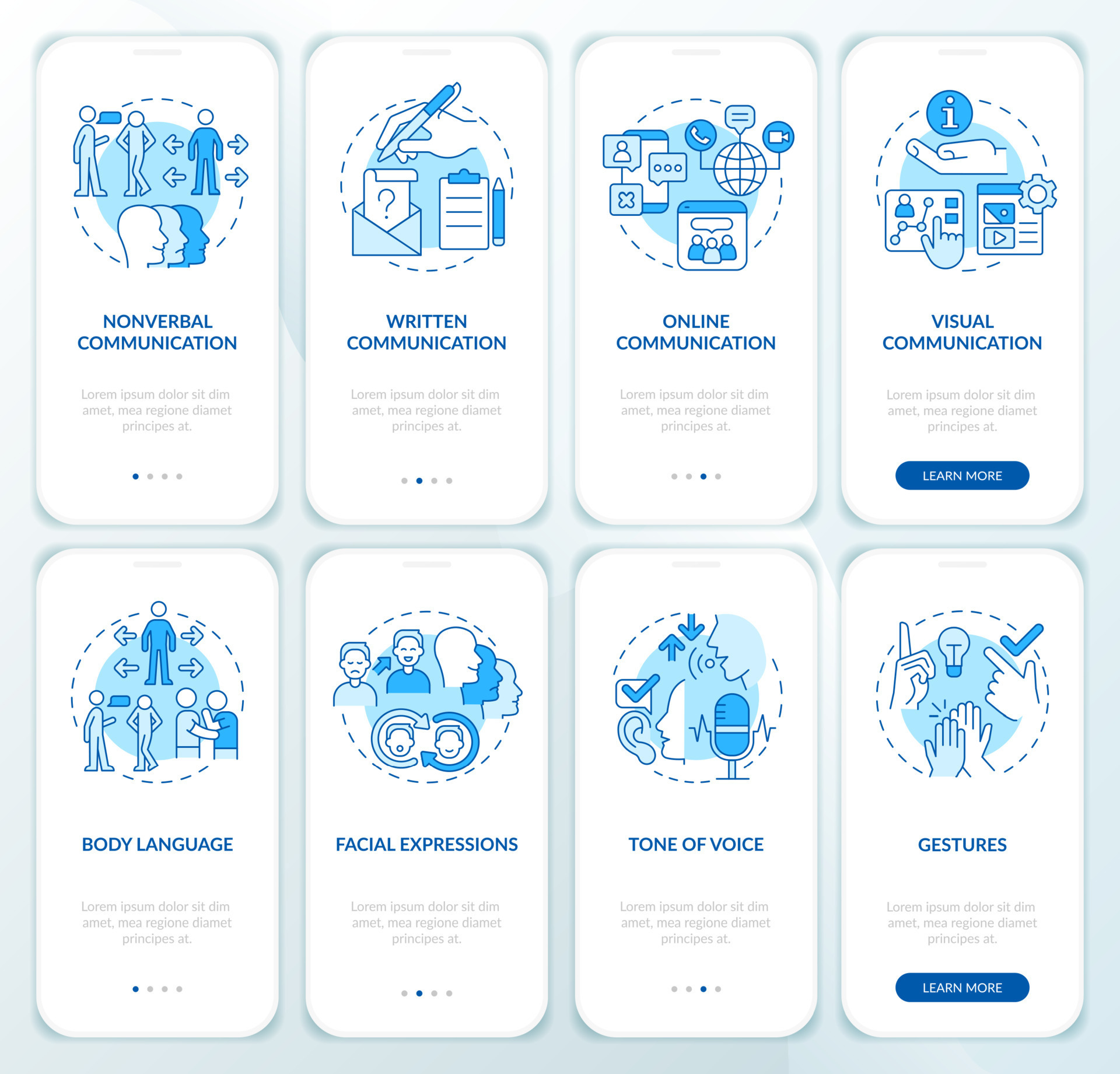 Communication skills development blue onboarding mobile app screen set ...