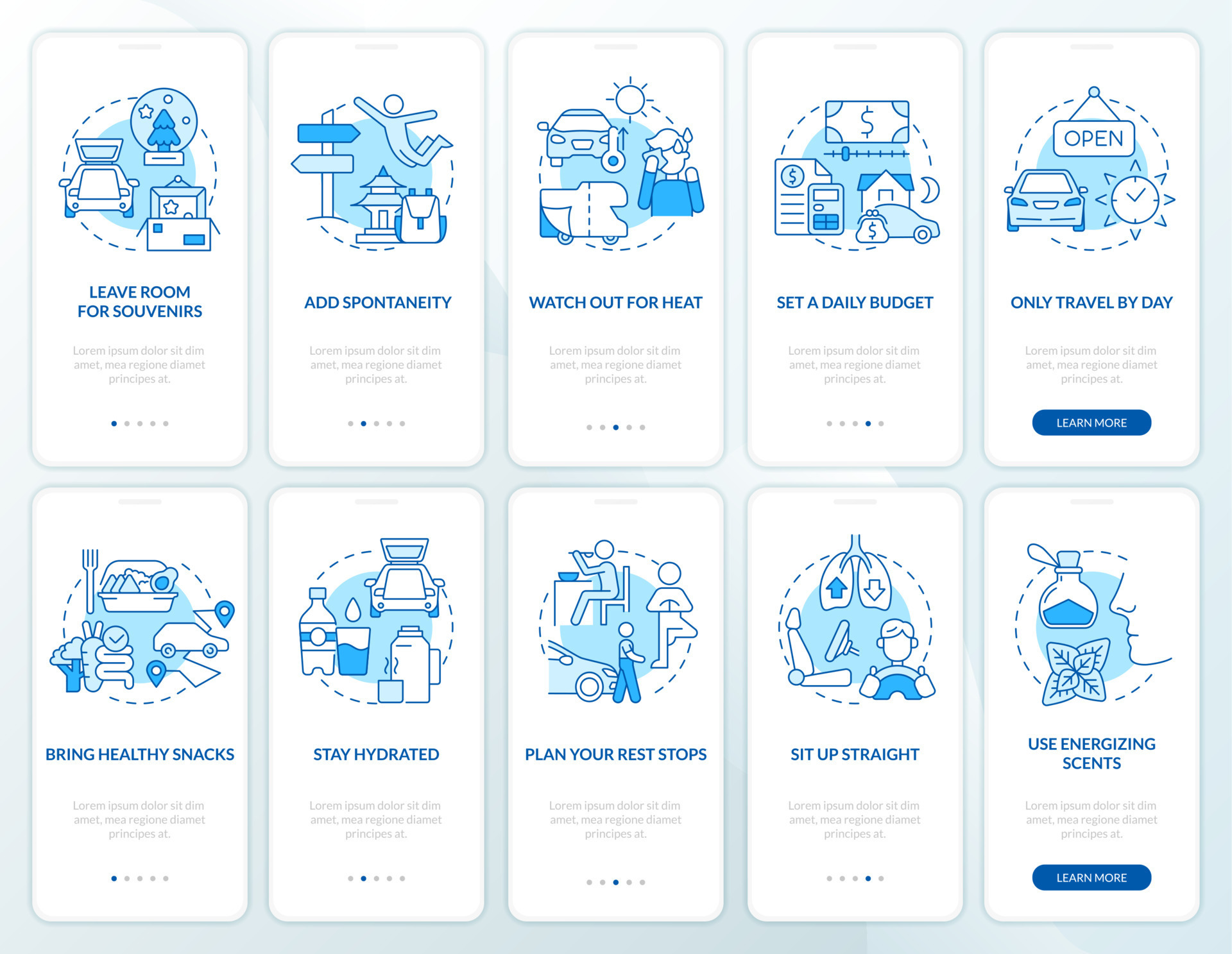 Comfortable Road Trip Blue Onboarding Mobile App Screen Set Walkthrough 5 Steps Editable