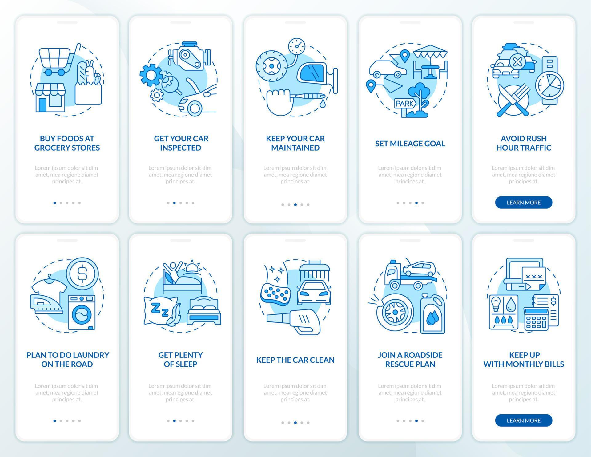 Road Trip Planning Blue Onboarding Mobile App Screen Set Walkthrough 5 Steps Editable Graphic