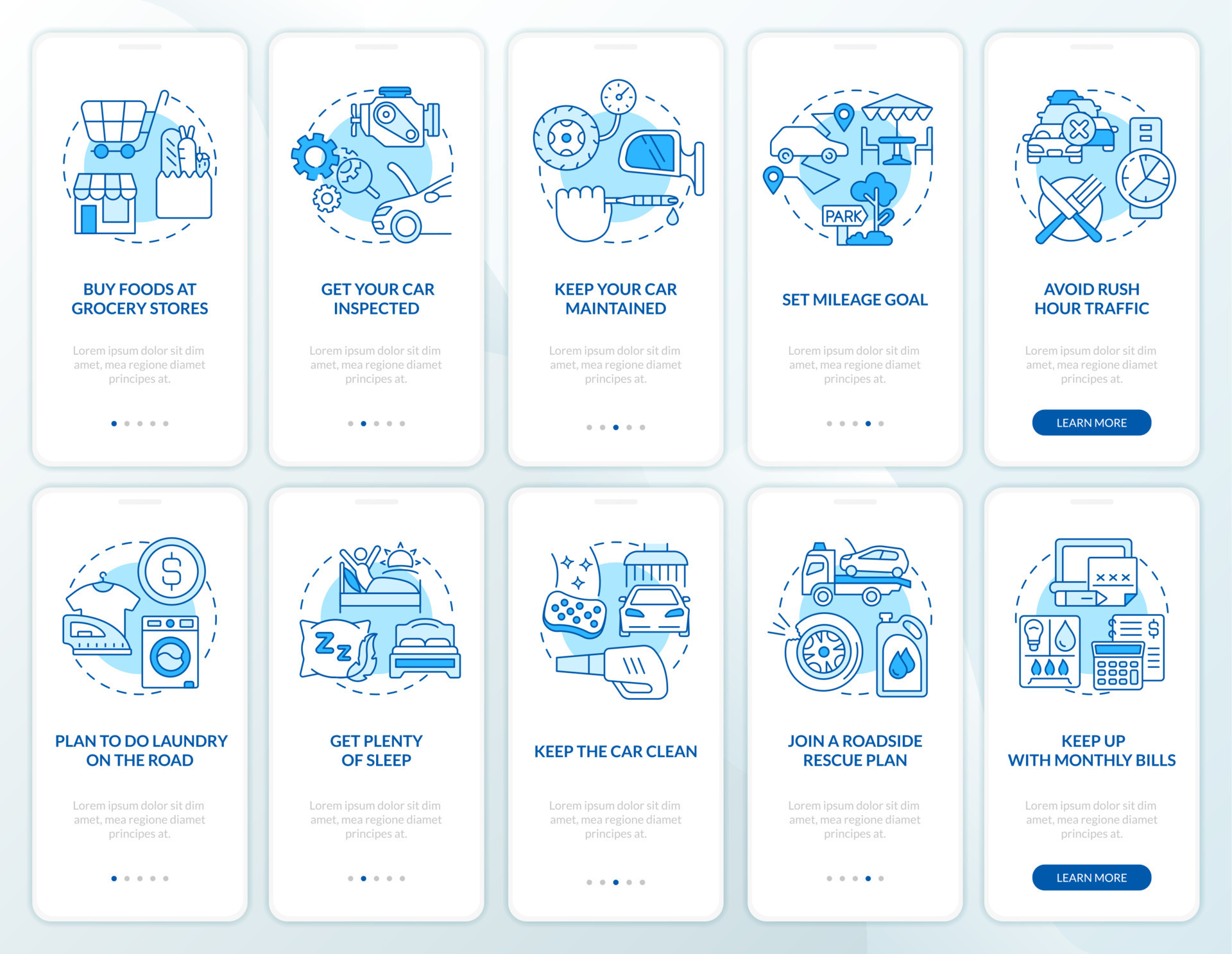 Road Trip Planning Blue Onboarding Mobile App Screen Set Walkthrough 5 Steps Editable Graphic