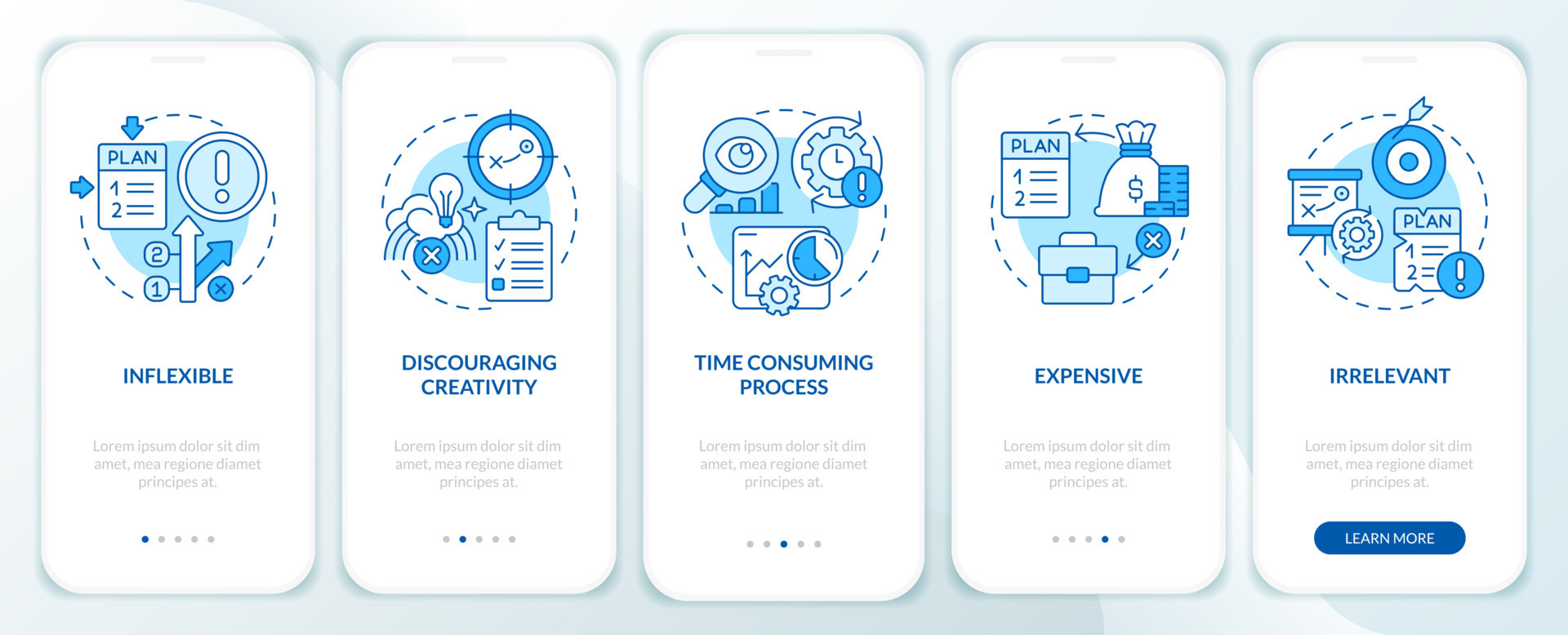 Disadvantages Of Planning Blue Onboarding Mobile App Screen Walkthrough 5 Steps Editable