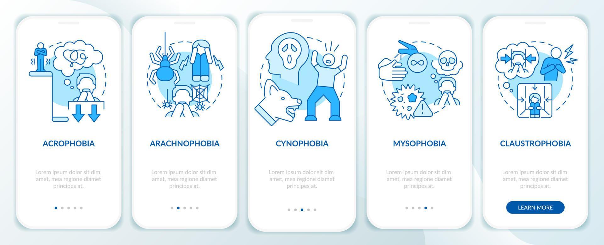 Most Common Phobias Blue Onboarding Mobile App Screen Anxiety Disorder Walkthrough 5 Steps