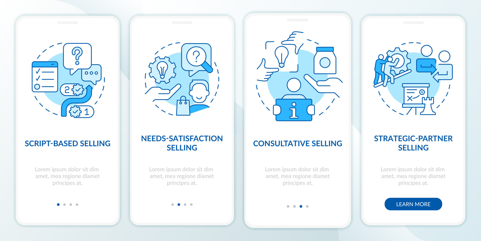 Selling Strategies Blue Onboarding Mobile App Screen Marketing Walkthrough 4 Steps Editable