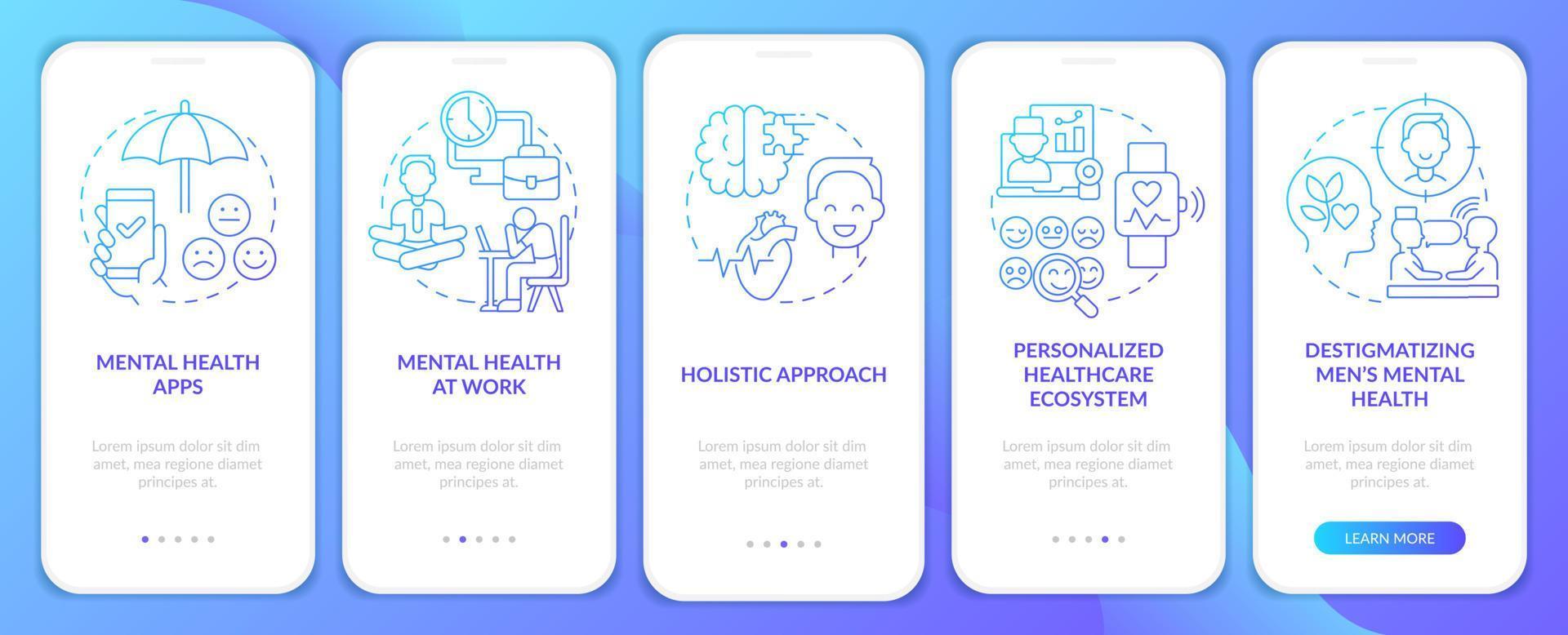 Mental Health Improving Blue Gradient Onboarding Mobile App Screen Walkthrough 5 Steps Graphic