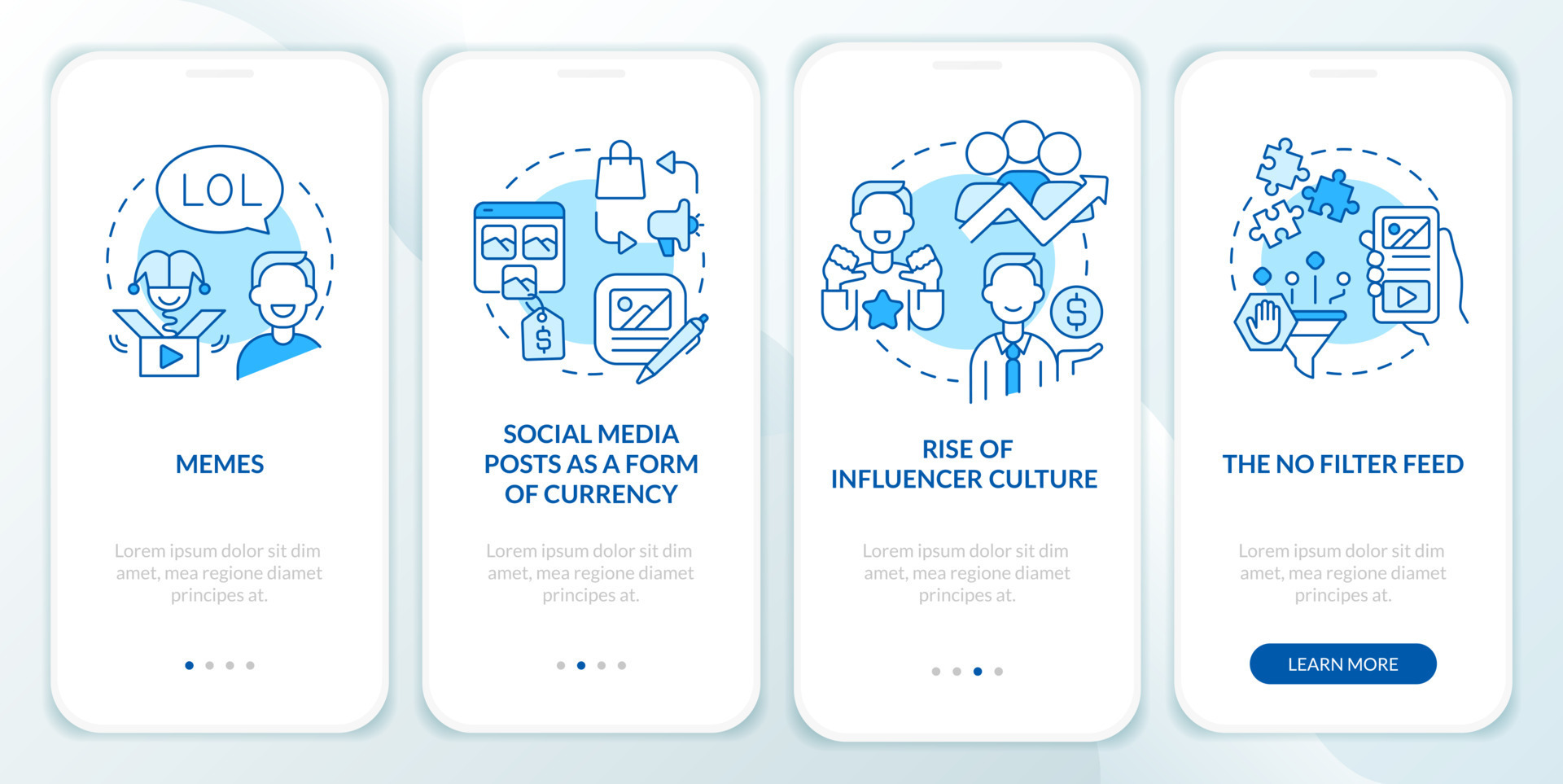 Social Media Tendencies Blue Onboarding Mobile App Screen Walkthrough