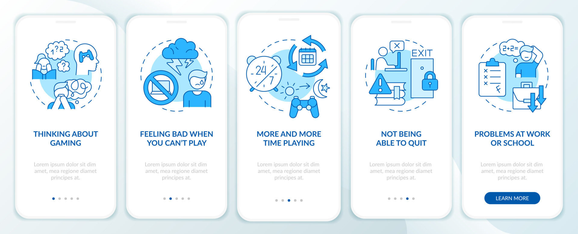 Signs Of Game Addiction Blue Onboarding Mobile App Screen Mental