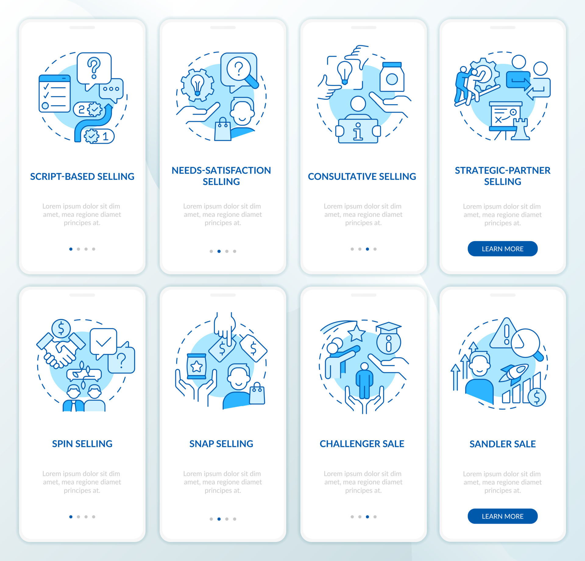 Sell Strategies And Techniques Blue Onboarding Mobile App Screen Set Walkthrough 4 Steps