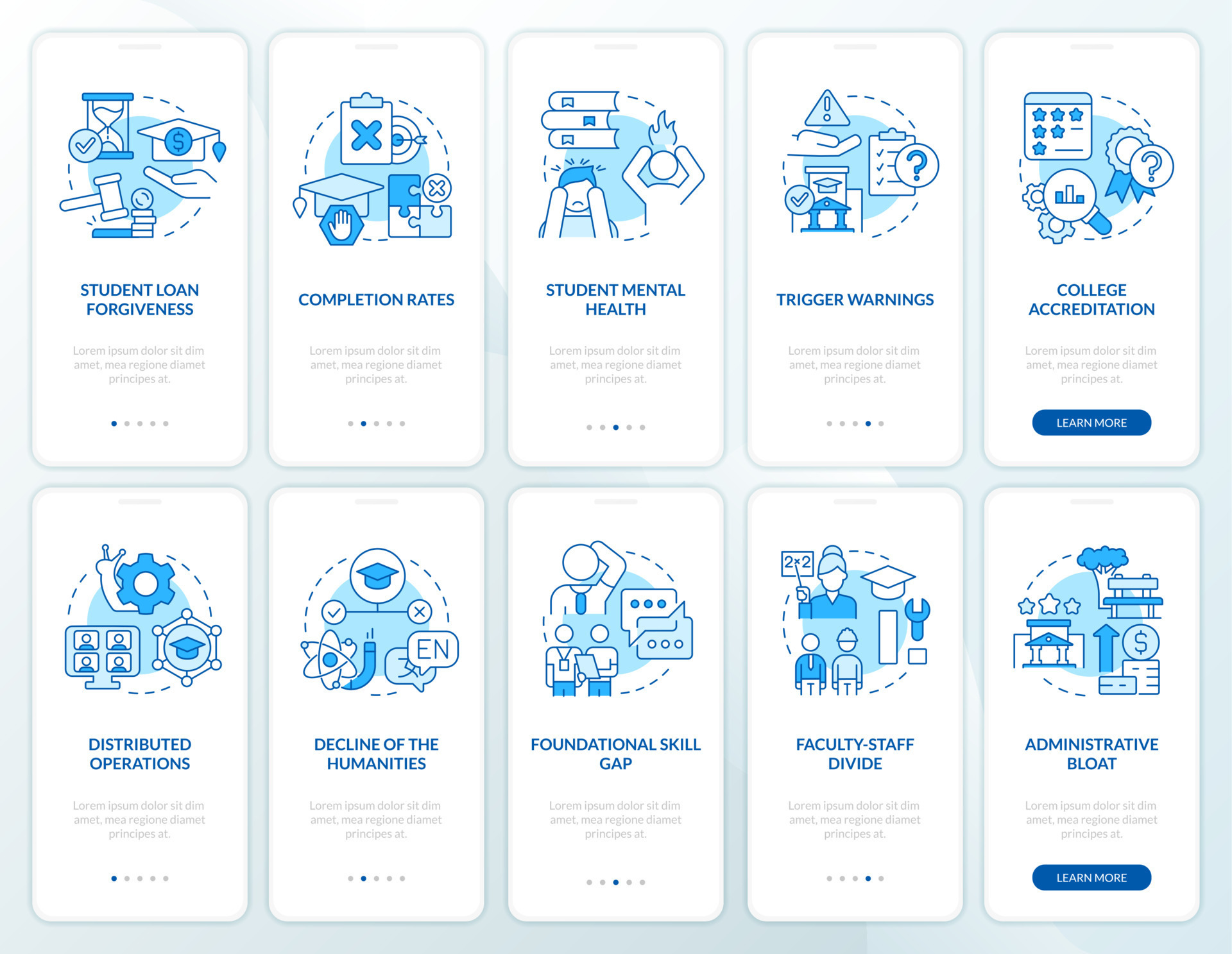 University And College Problems Blue Onboarding Mobile App Screen Set Walkthrough 5 Steps