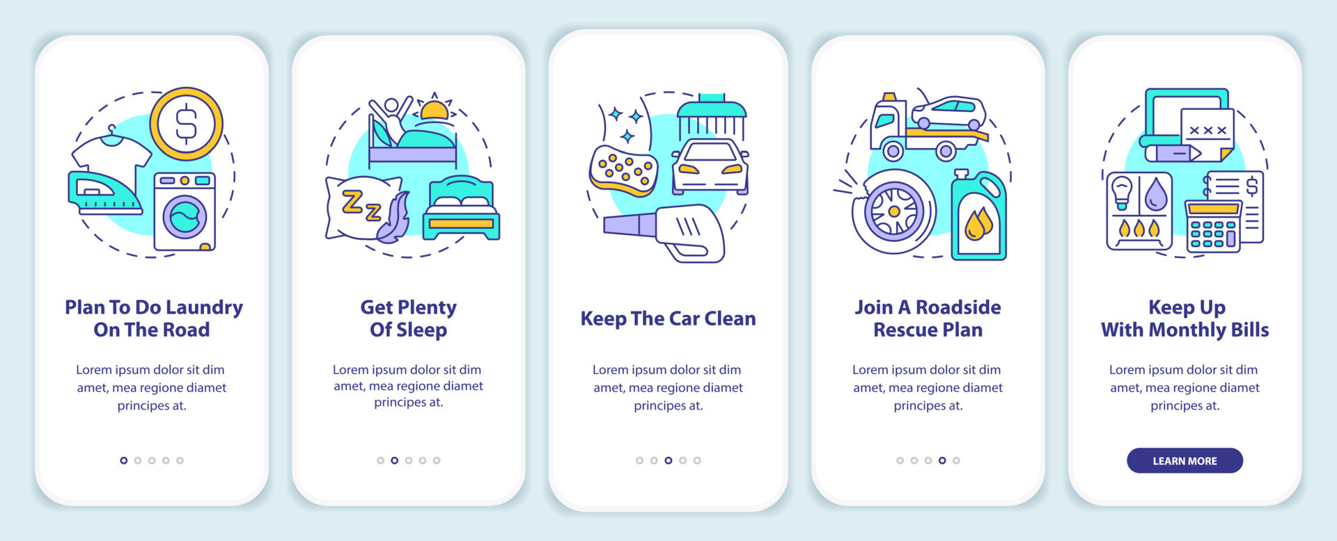 Road Trip Recommendations Onboarding Mobile App Screen Walkthrough 5 Steps Editable Graphic