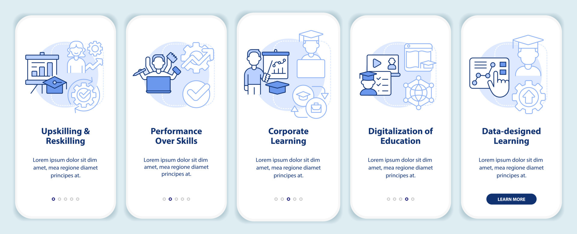 Emerging Skills In Development Light Blue Onboarding Mobile App Screen Walkthrough 5 Steps