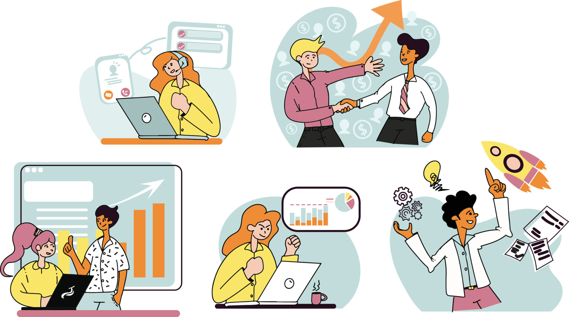 Vector Cartoon Characters Working In Office Co Working Space Or Remotely At Home Freelance