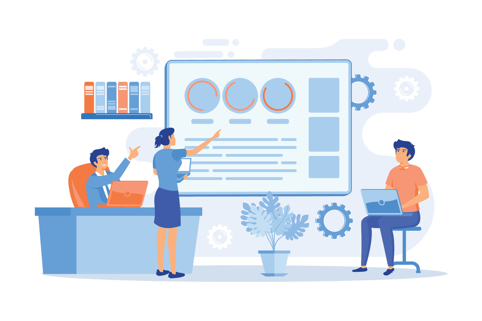 Business Team With Laptops Look At Digital Presentation With Charts Digital Presentation