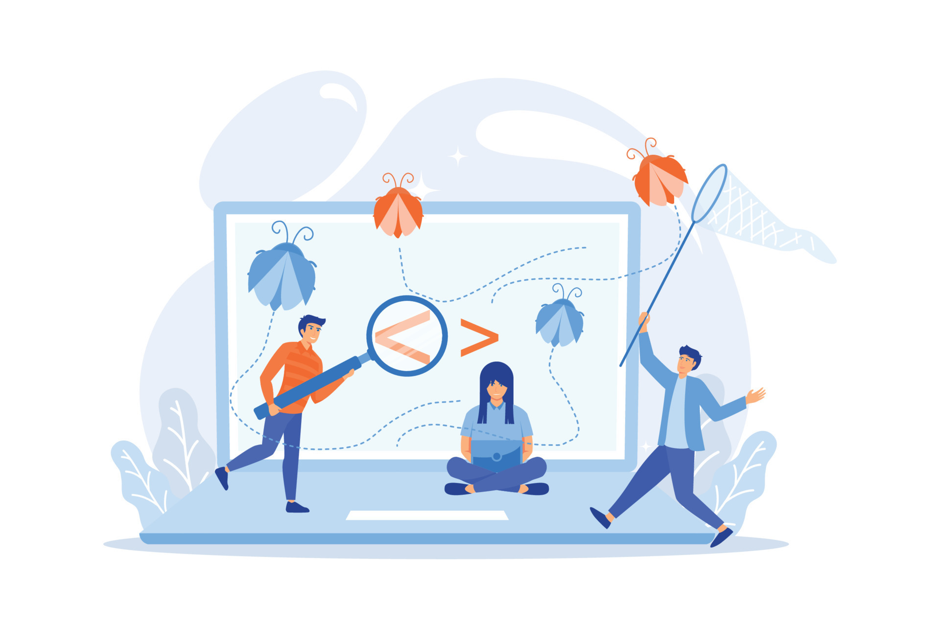 People catching bugs on the laptop screen with angle brackets. IT ... People catching bugs on the laptop screen with angle brackets. IT ...