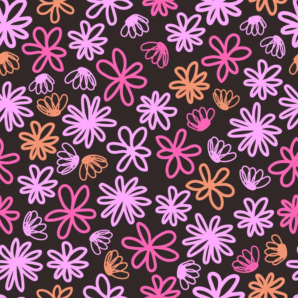 Simple vector flowers seamless pattern in abstract style on dark ...