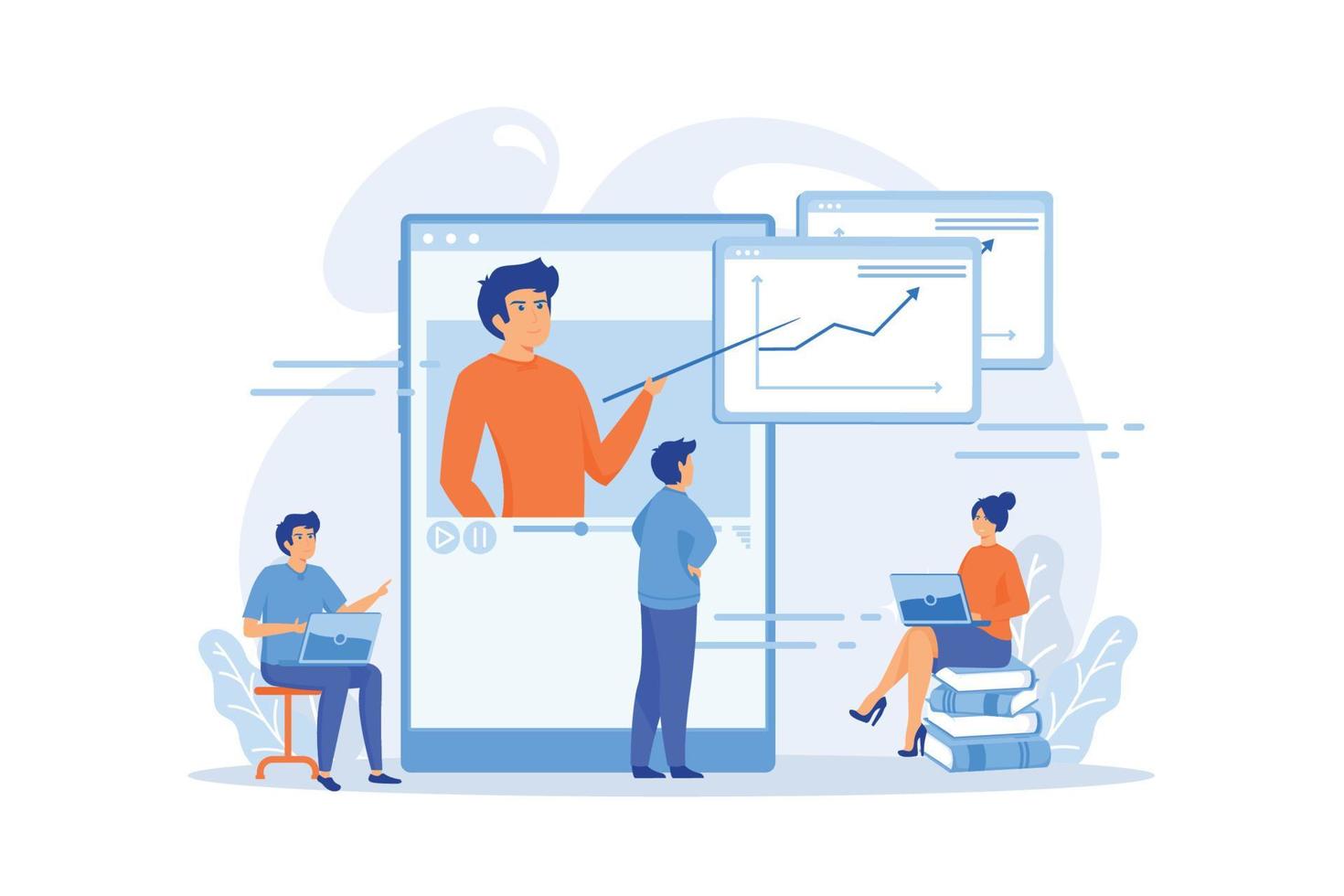 Students watching recorded lecture with professor talking from tablet ...