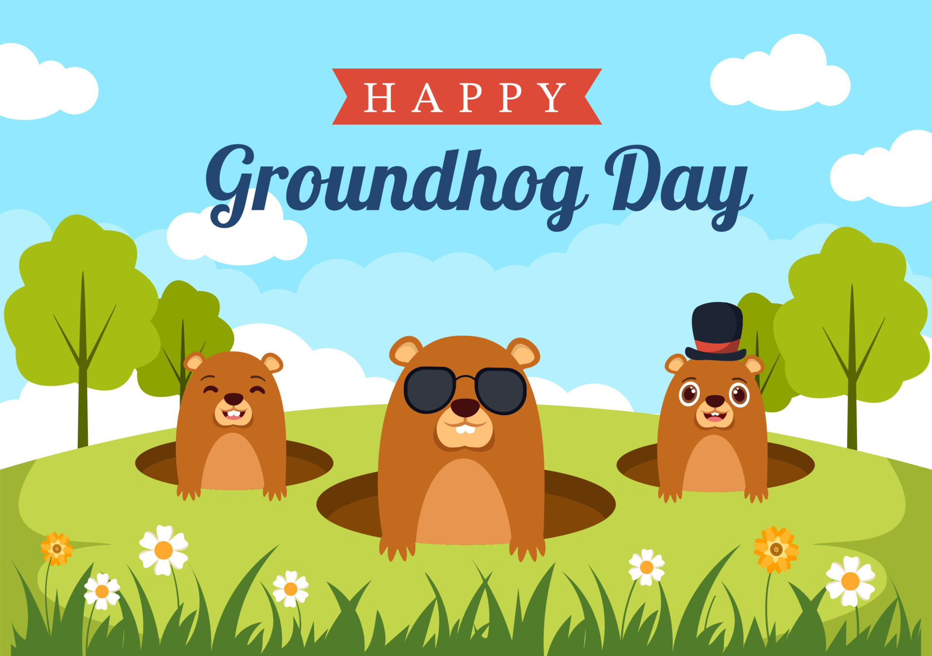Happy Groundhog Day on February 2 with Cute Marmot Character and Garden ...