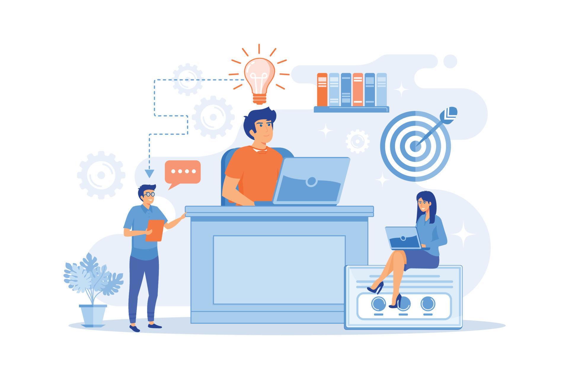 Business team and work process steps from idea to target. Business workflow, business process ...