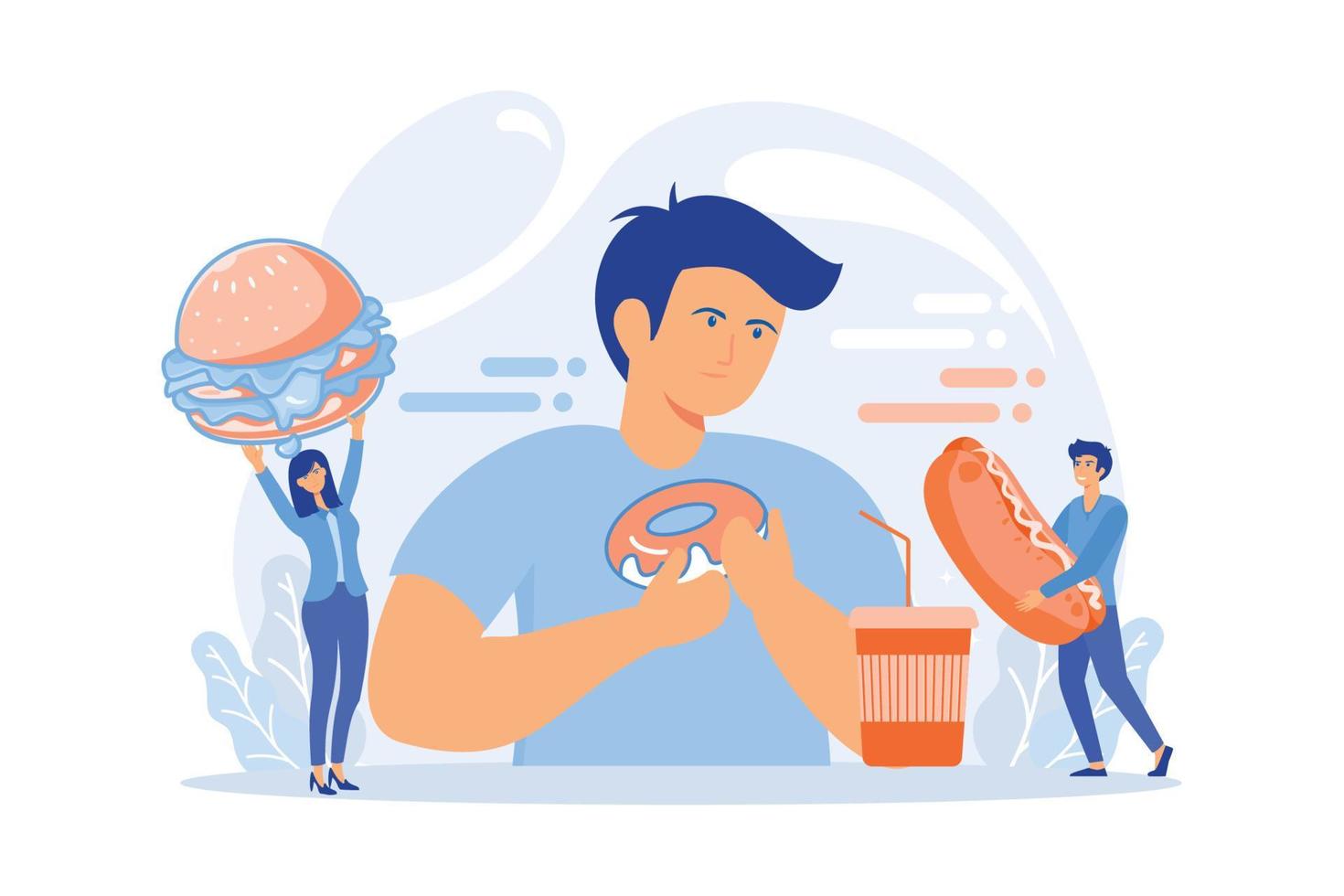 Overweight Man Eating Burger Tiny People Giving Fast Food Overeating