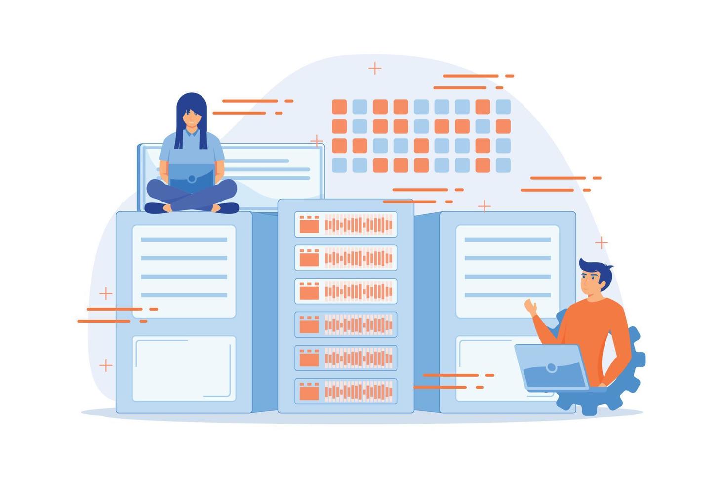Database analysts with laptops working with data in the center. Big ... Database analysts with laptops working with data in the center. Big ...