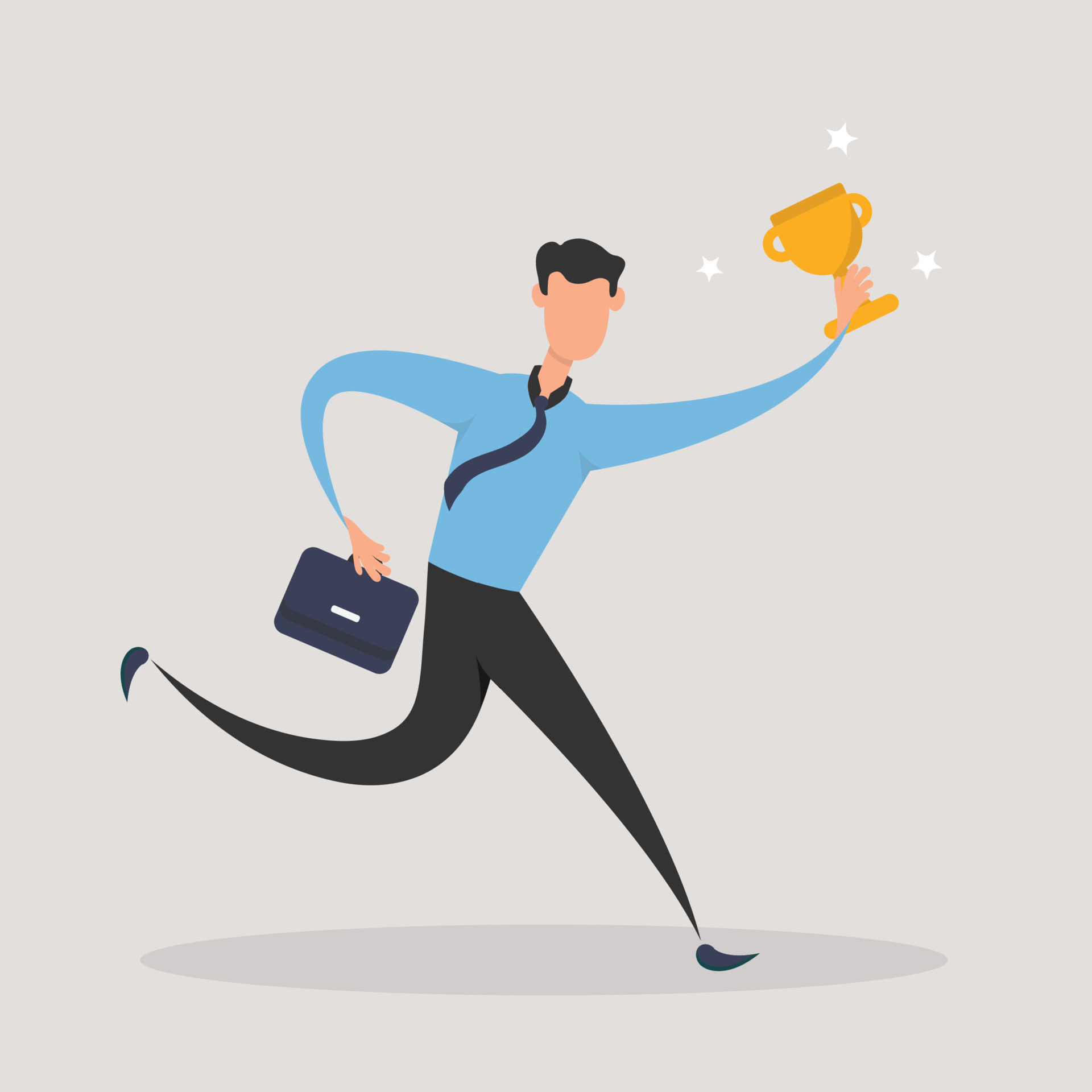 Successful Businessman Running To Holding Up Winning Trophy Business