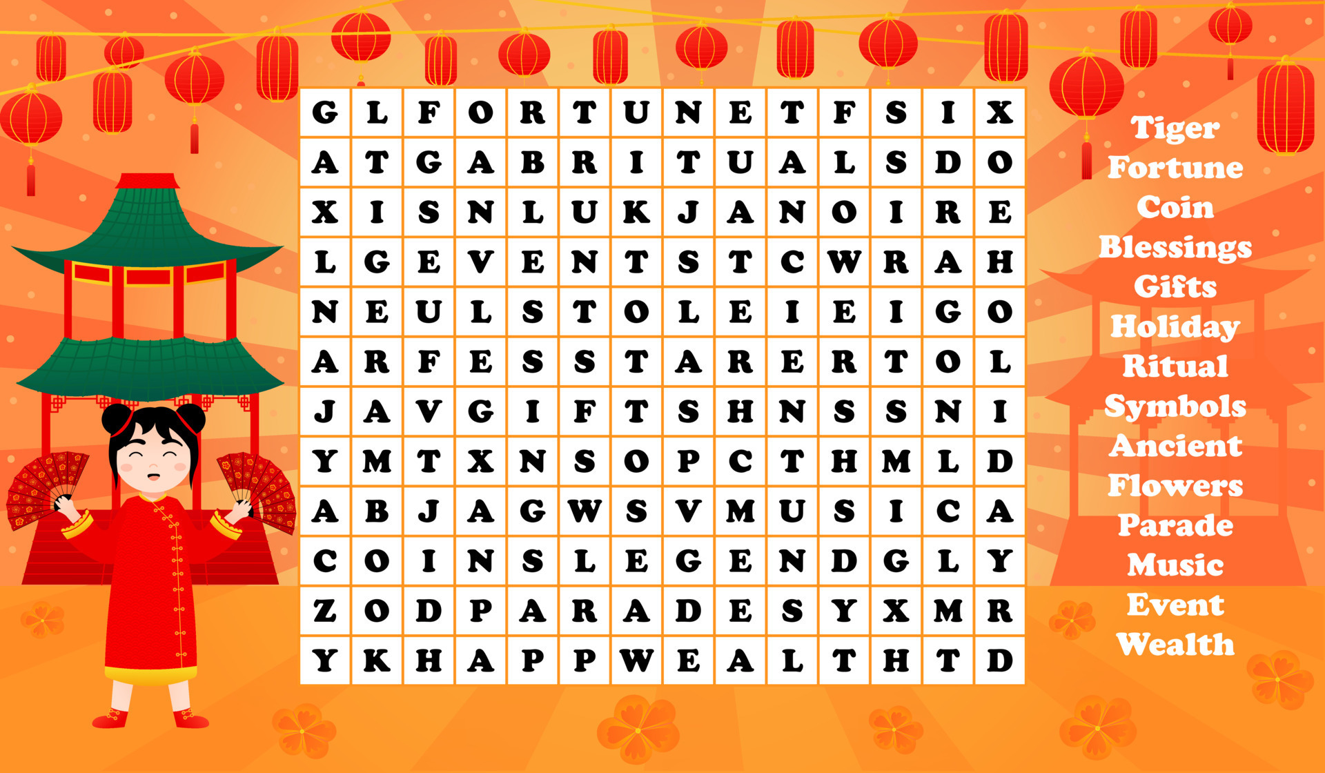Word search puzzle with cute girl character in chinese traditional ...