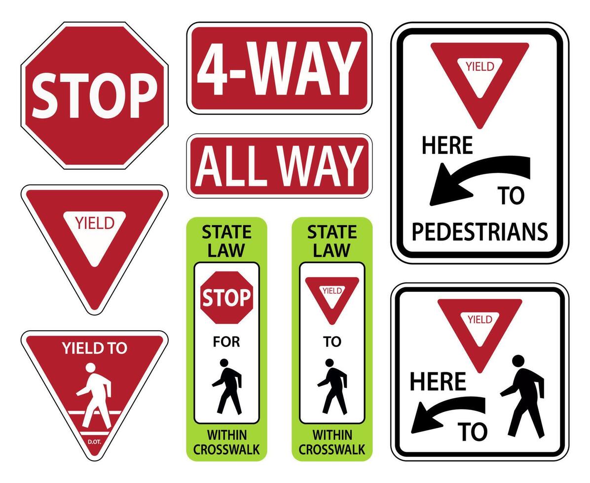 Traffic Road Sign All Way 4 Way Stop Here To Pedestrians Warning