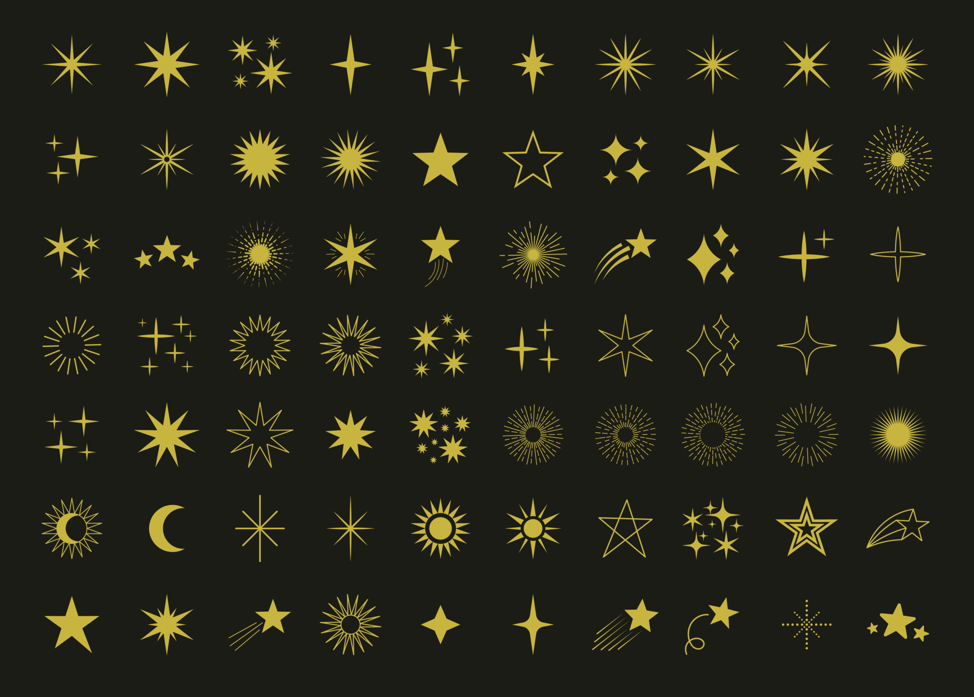 Set of Gold Star, Twinkling stars, Sparkles, Shining burst. Vector stars in doodle line art ...