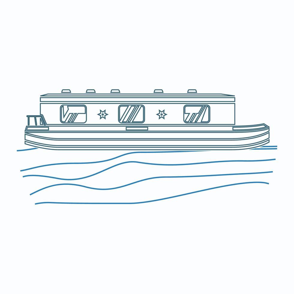 Editable Side View Floating Canal Boat On Wavy Water Vector Illustration In Outline Style For