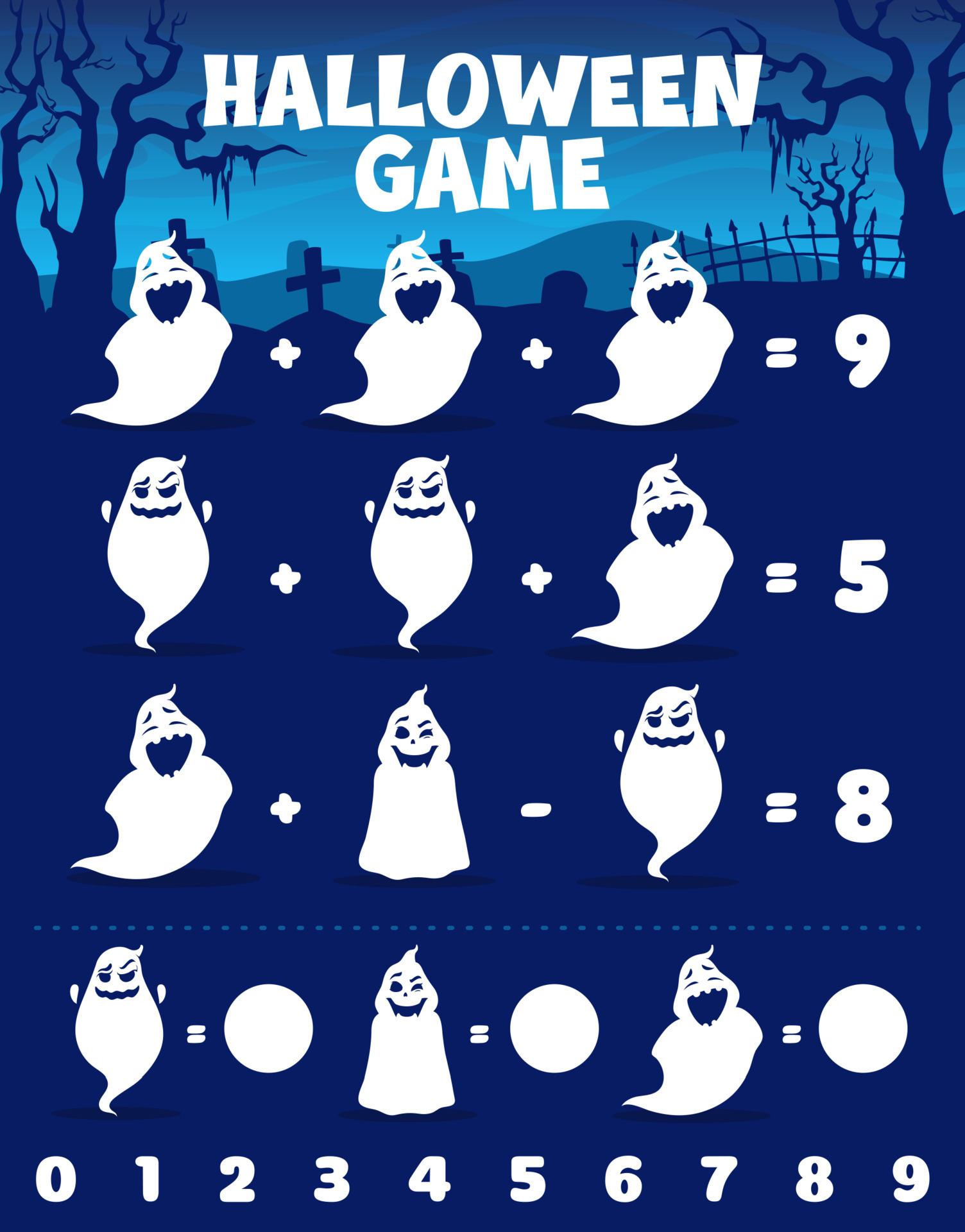 Math game worksheet with Halloween ghost character 11458351 Vector Art ...