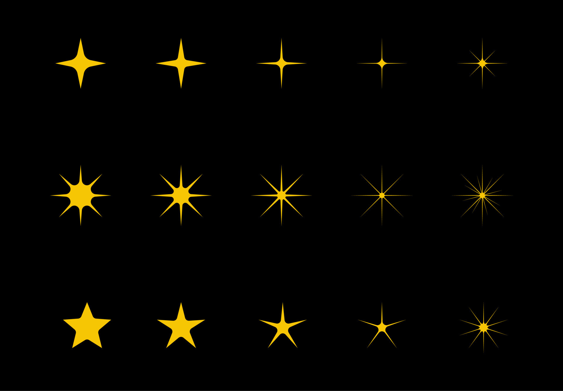 Vector yellow, gold, orange sparkling symbol isolated on black background. Set of original ...