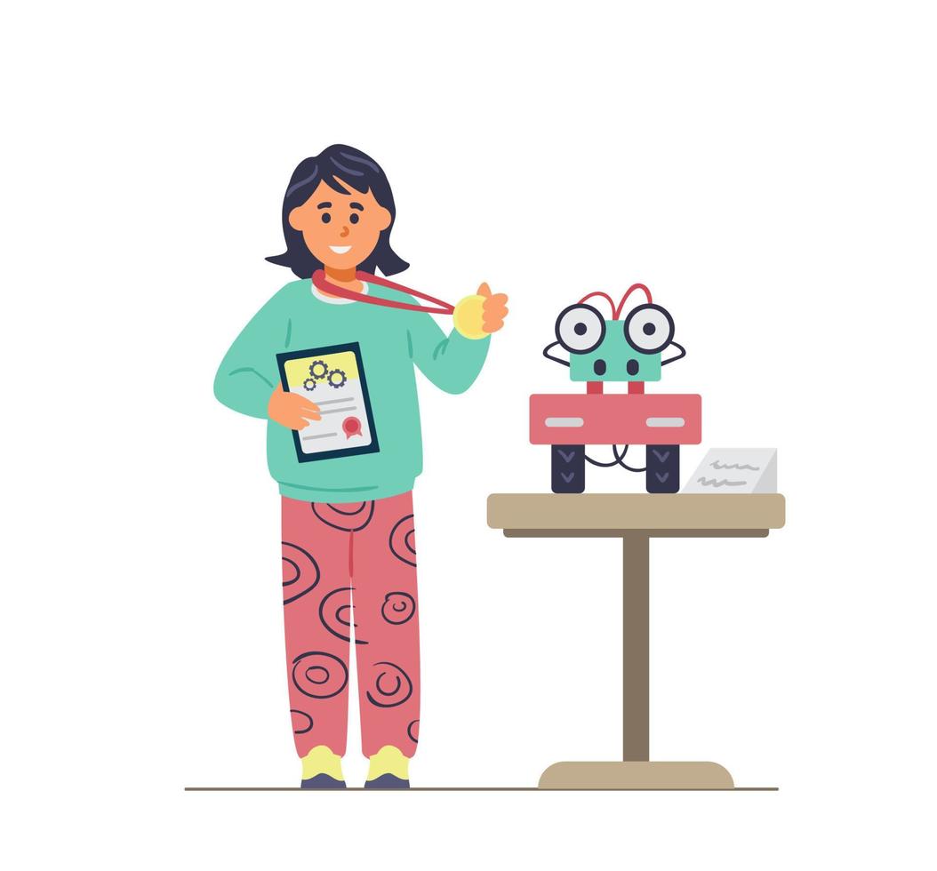 Girl winning in robotics competitions holding medal and diploma near ...