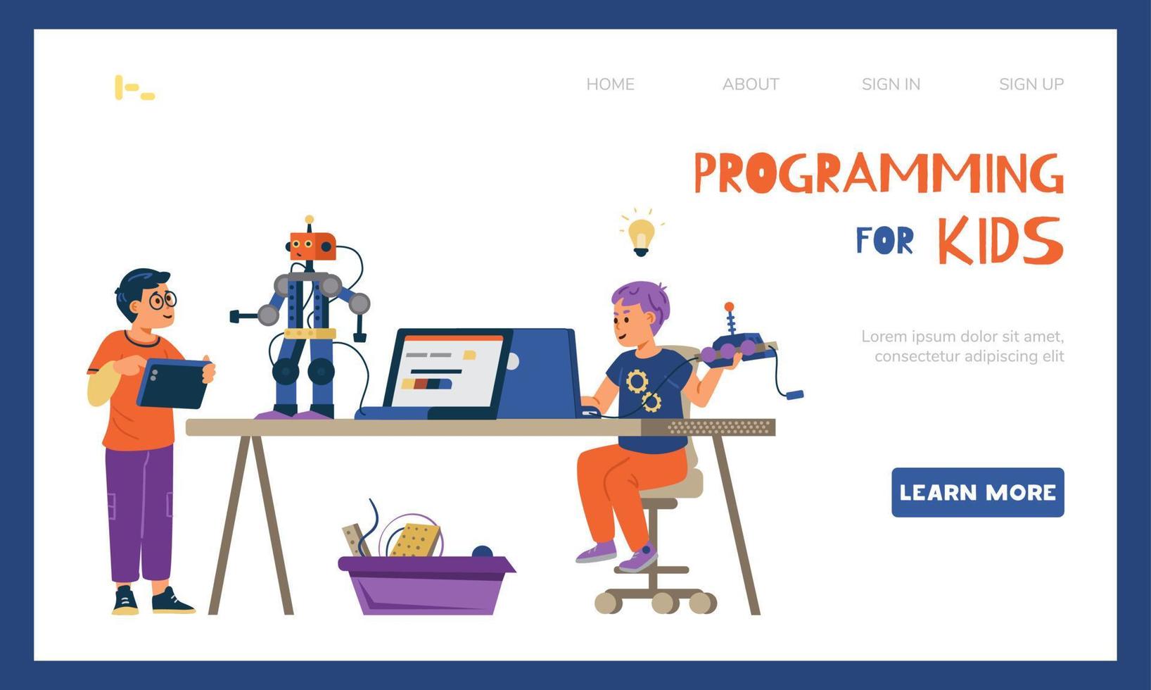 Robotics for kids vector landing page template. Boys programming and ...