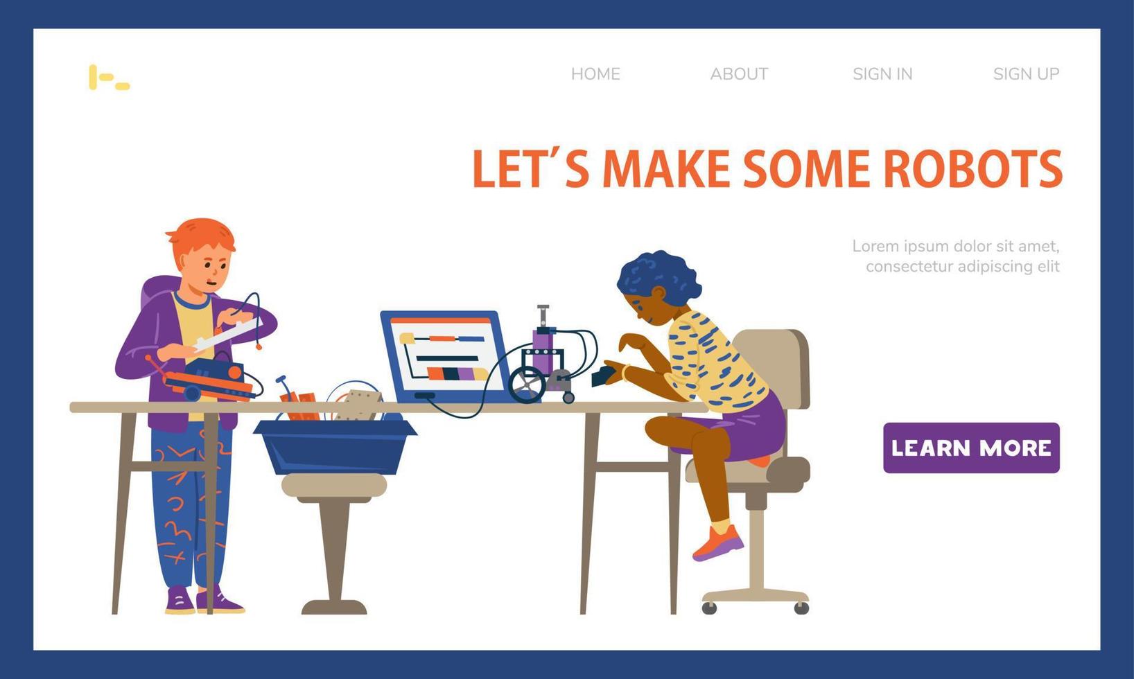 Robotics for kids vector landing page template. Boy and girl creating and programming robots ...