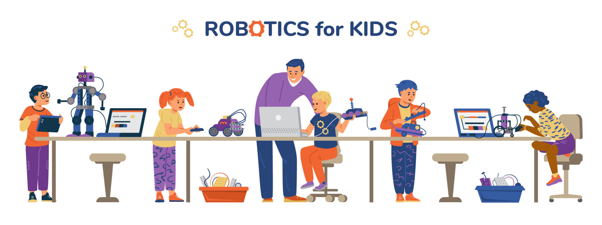 Robotics for kids horizontal vector banner. Children with teacher ...
