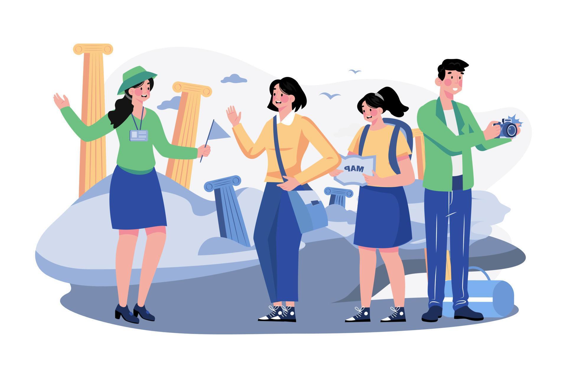 Tour guide lady and group of tourists 11466696 Vector Art at Vecteezy