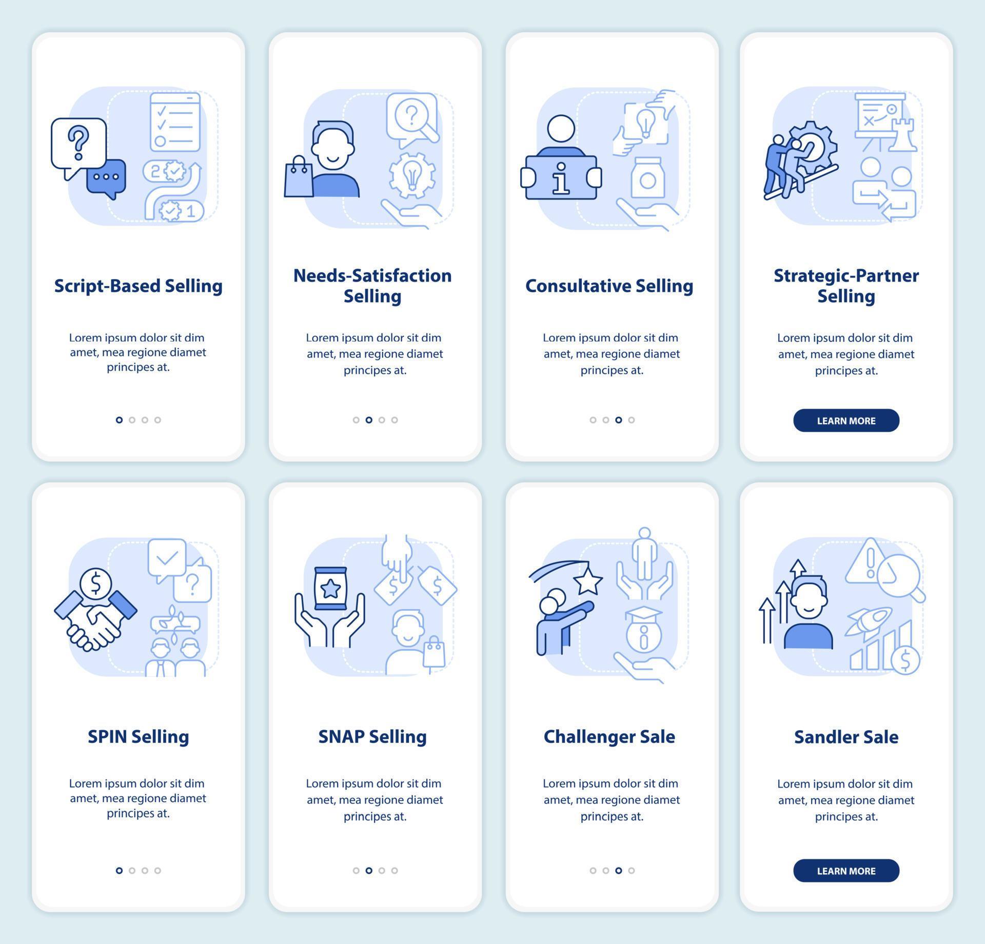 Selling Principles Light Blue Onboarding Mobile App Screen Set Walkthrough 4 Steps Editable