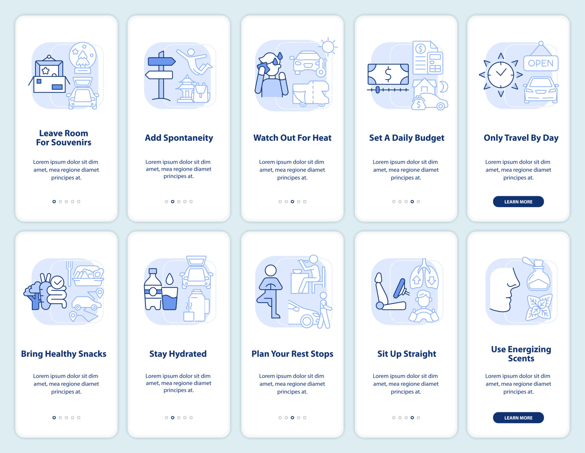 Comfortable Road Trip Light Blue Onboarding Mobile App Screen Set Walkthrough 5 Steps Editable