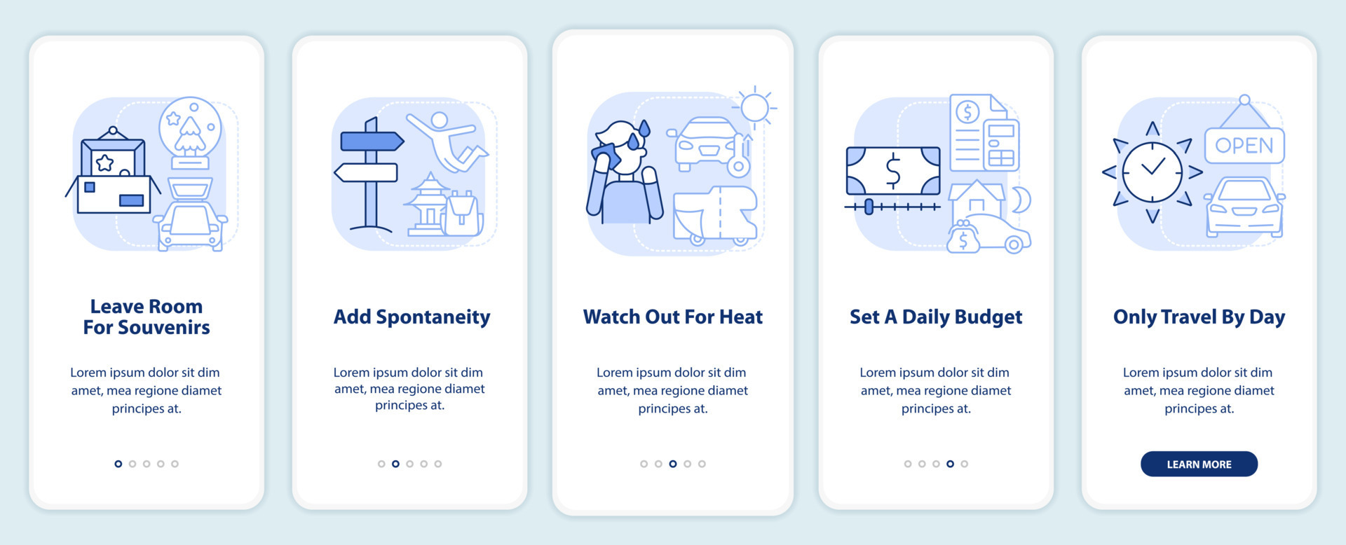Road Trip Advices Light Blue Onboarding Mobile App Screen Car Travel Walkthrough 5 Steps