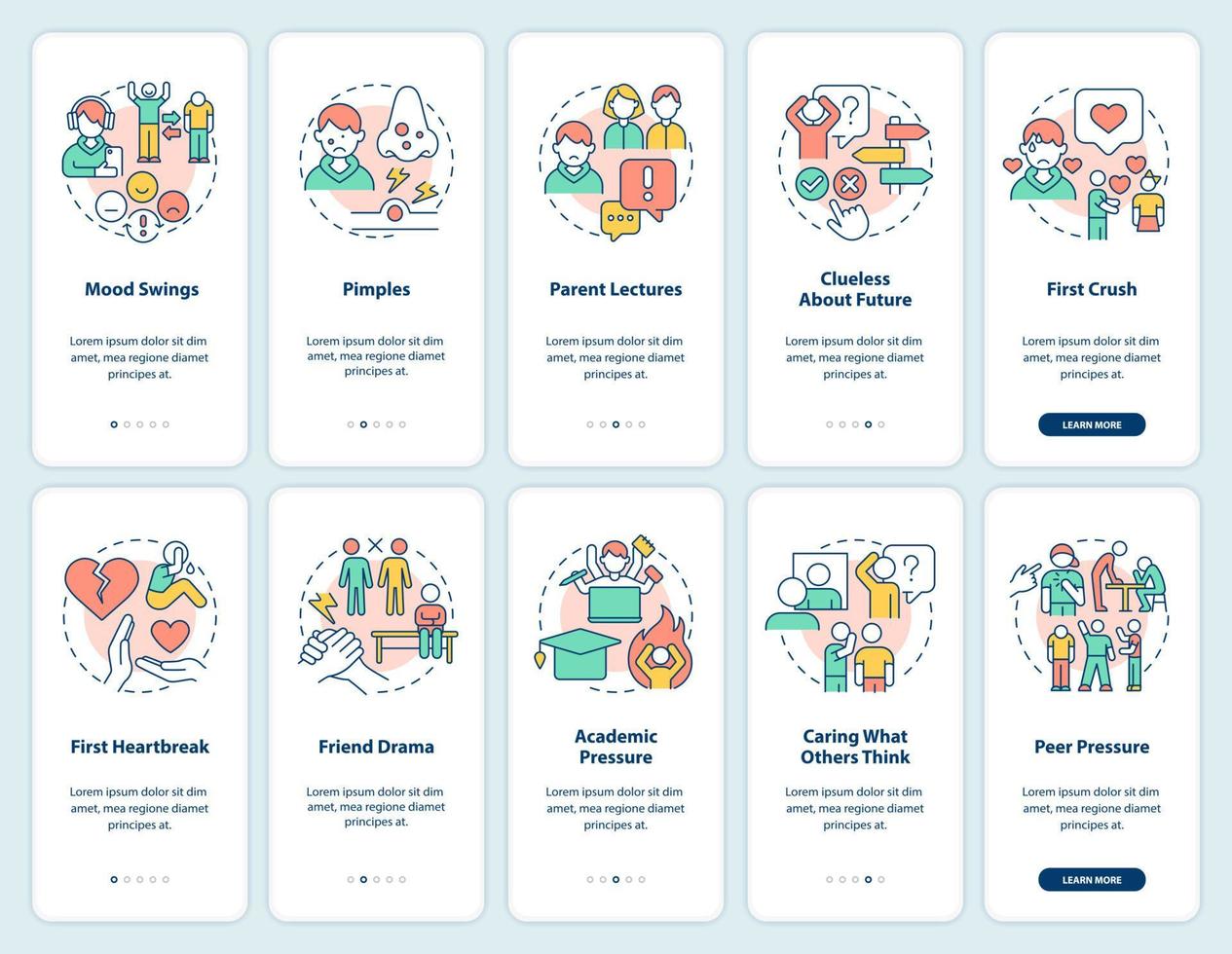 Teenage Social And Emotional Issues Onboarding Mobile App Screen Set