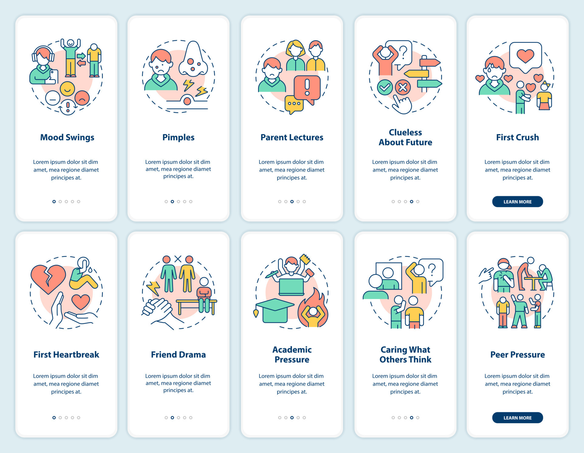 Teenage Social And Emotional Issues Onboarding Mobile App Screen Set