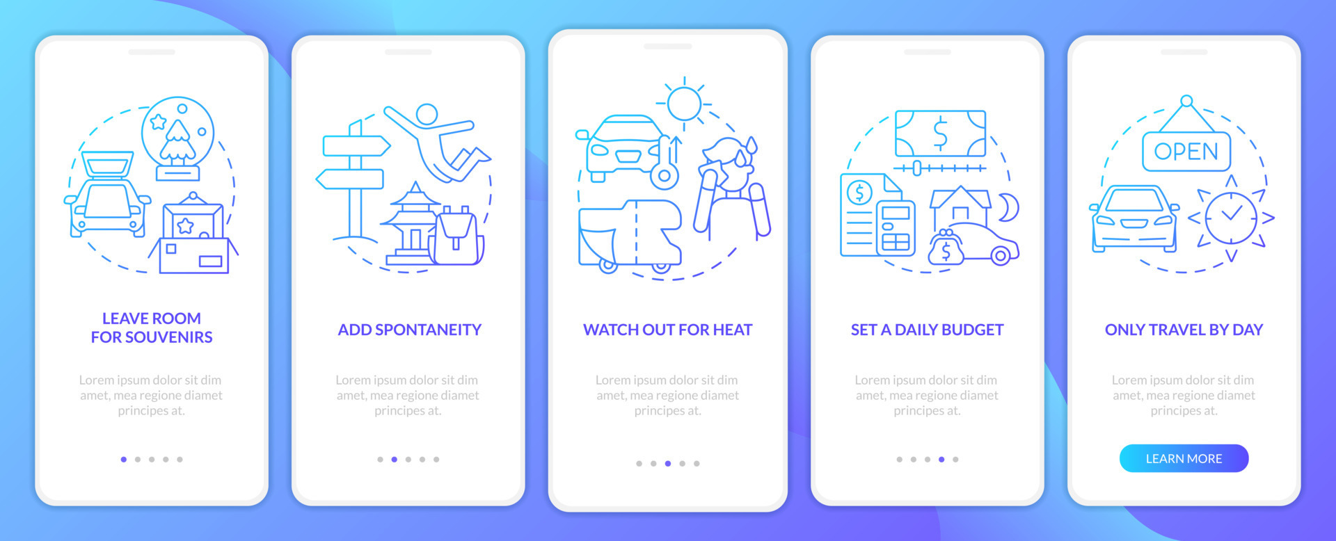 Road trip advices blue gradient onboarding mobile app screen. Car ... Road trip advices blue gradient onboarding mobile app screen. Car ...
