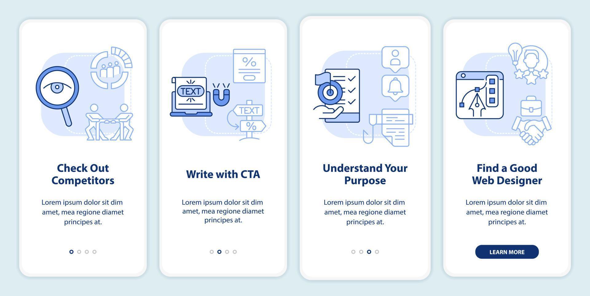 Building Better Website Light Blue Onboarding Mobile App Screen Walkthrough 4 Steps Editable