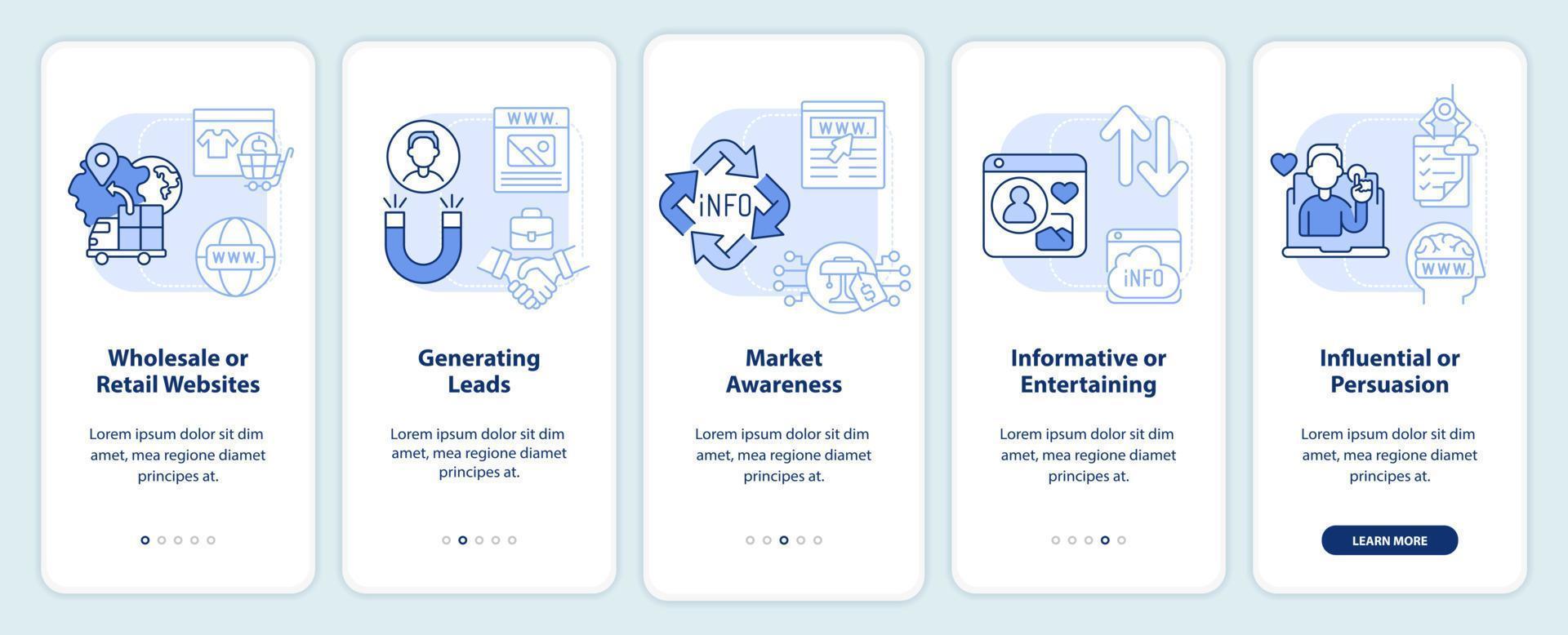 Main Websites Categories Light Blue Onboarding Mobile App Screen Walkthrough 5 Steps Editable