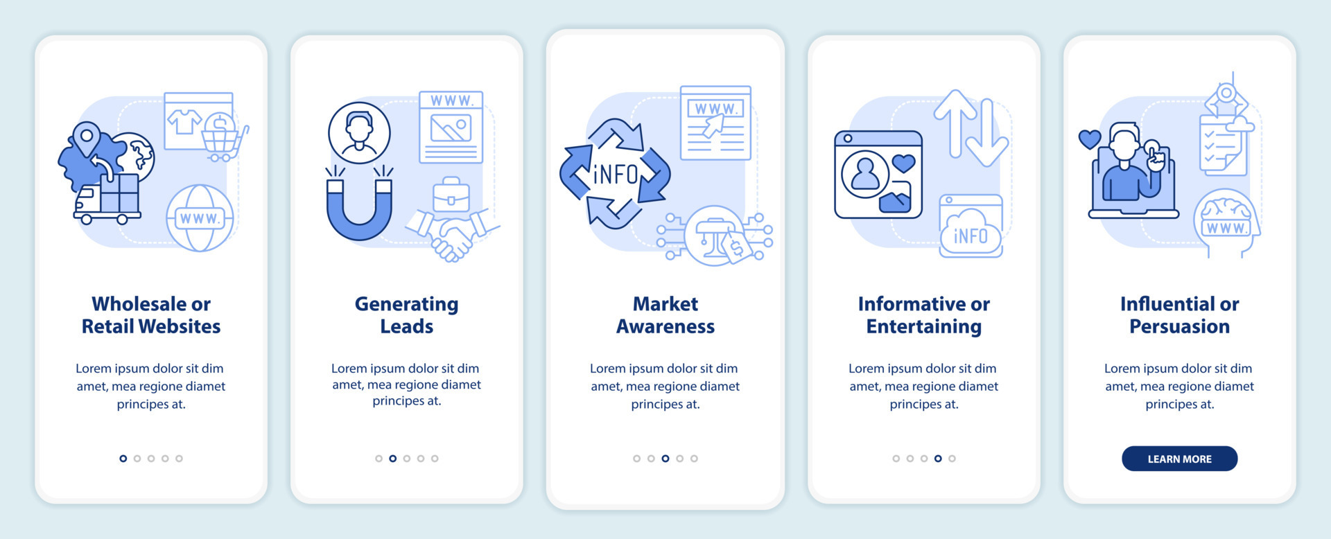 Main Websites Categories Light Blue Onboarding Mobile App Screen Walkthrough 5 Steps Editable