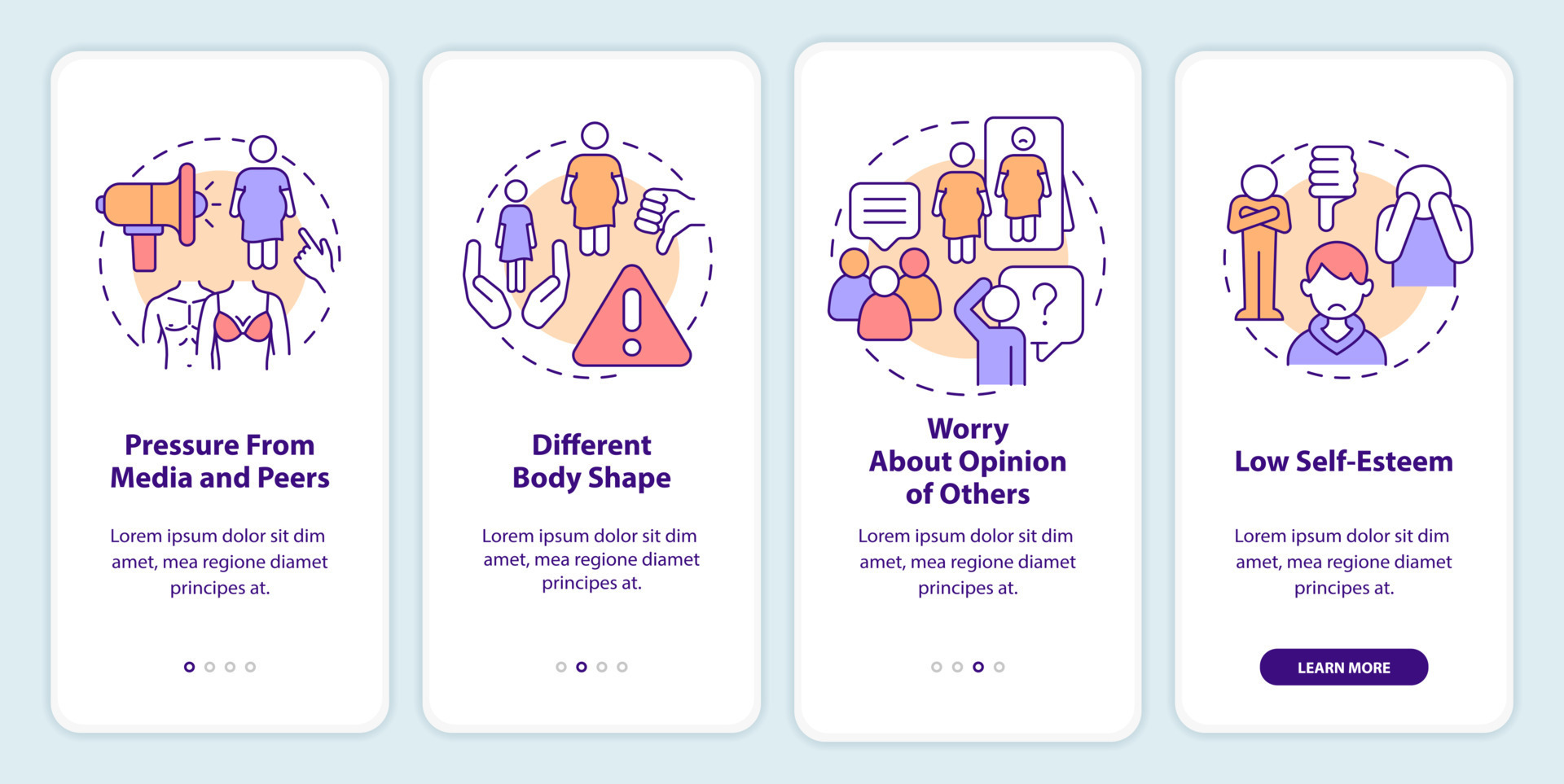 Negative Teenage Body Image Onboarding Mobile App Screen Self Esteem Walkthrough 4 Steps